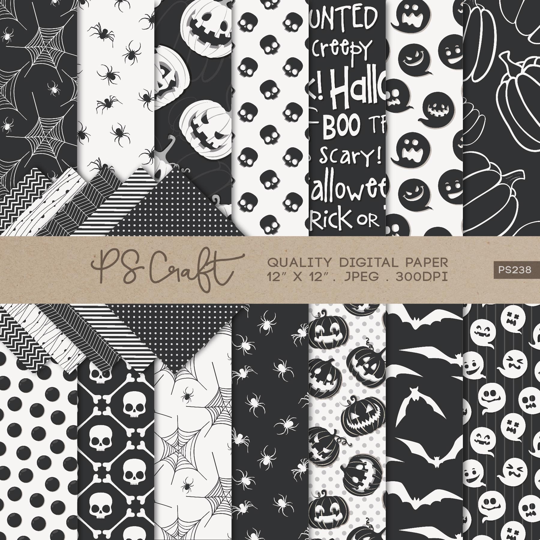 Black & White Halloween Digital Paper, SEAMLESS Halloween Digital Paper ...