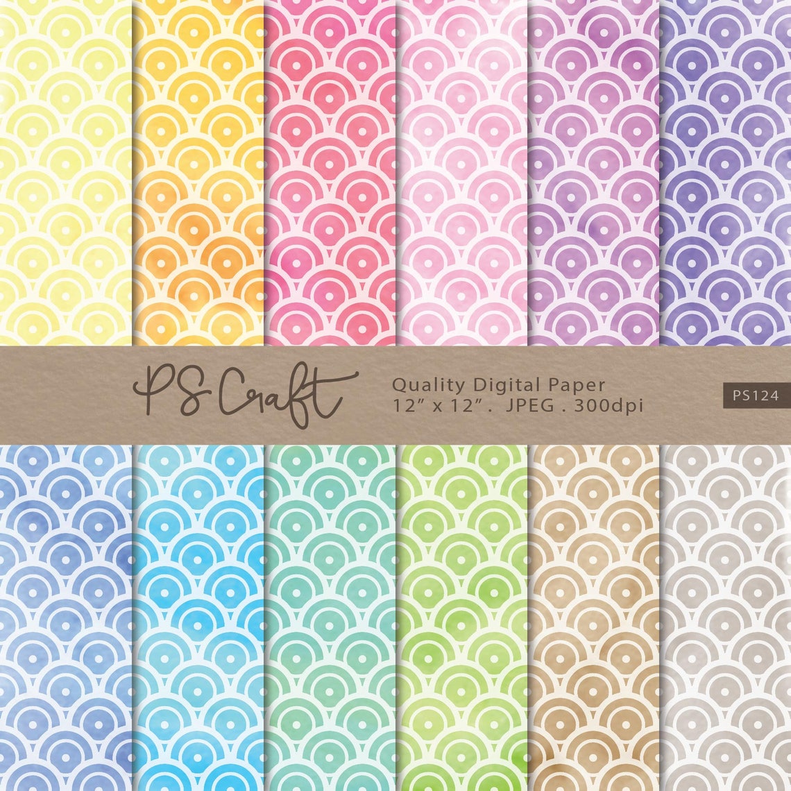 Watercolor Curved Fish Scale Digital Paper, Scallop Backgrounds ...