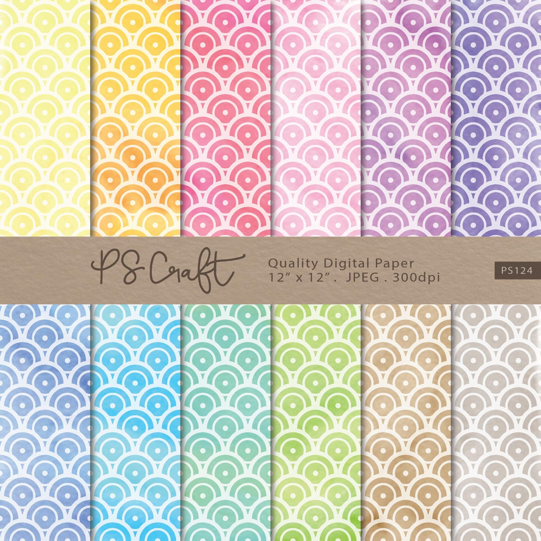 Watercolor Curved Fish Scale Digital Paper, Scallop Backgrounds ...