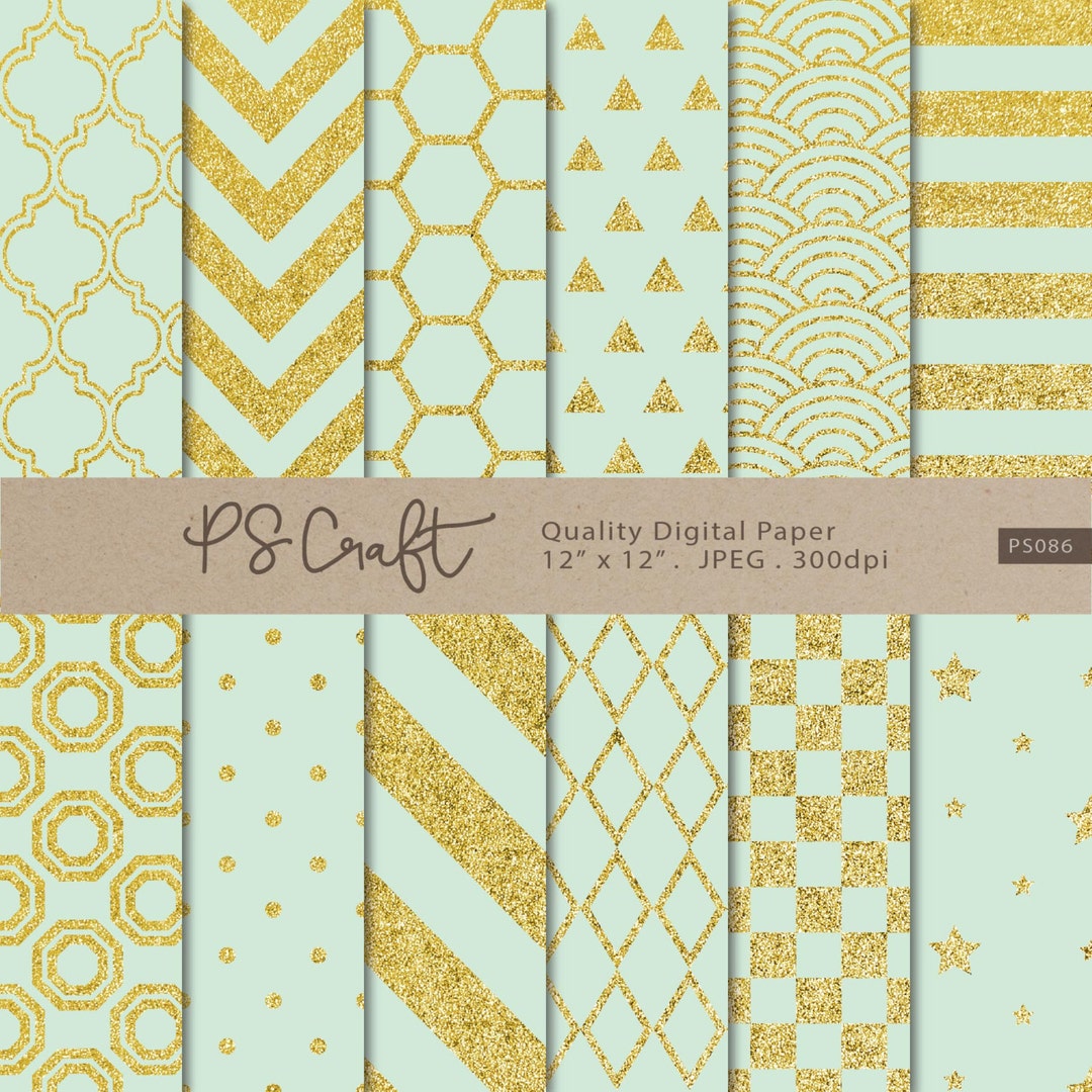 Mint and Gold Glitter Digital Papers, Mint and Gold Background, Chevron ...