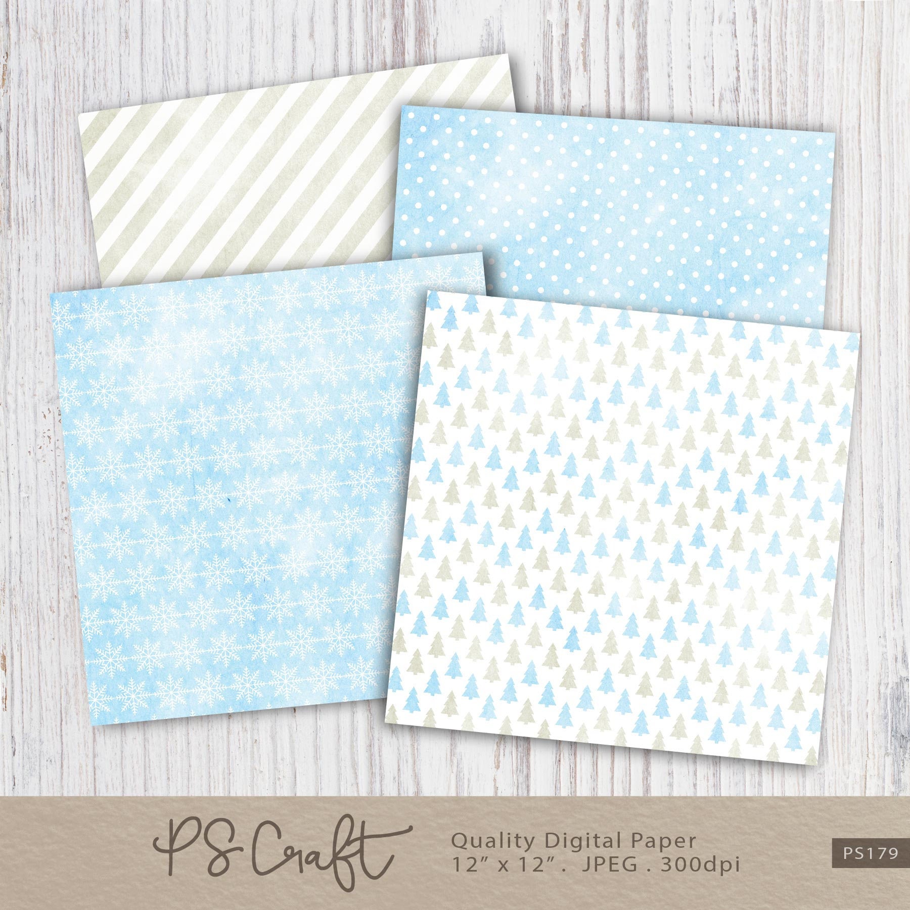White Christmas Watercolor Digital Papers, White and Frozen Blue ...