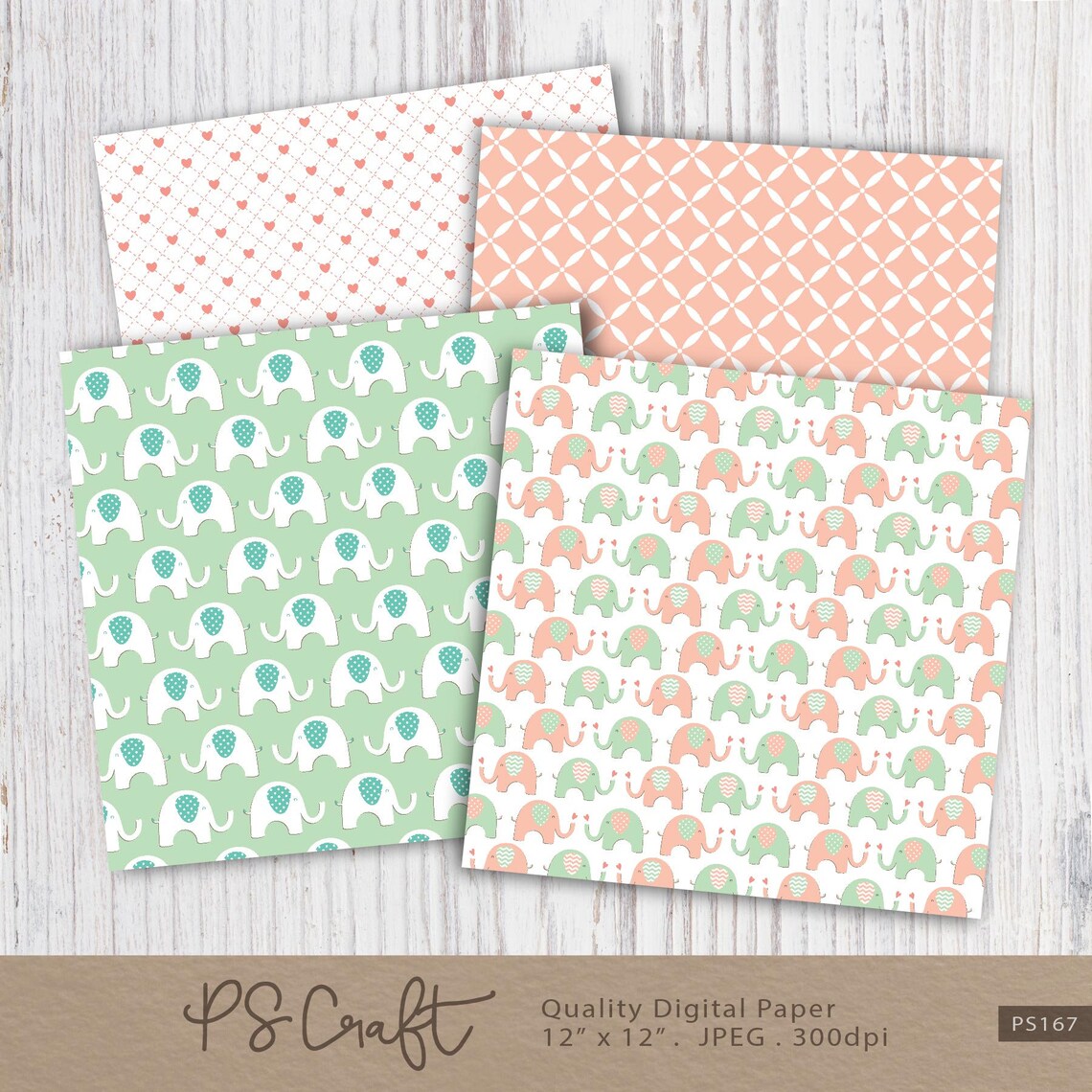 Elephant Digital Papers SEAMLESS baby Coral & - Etsy