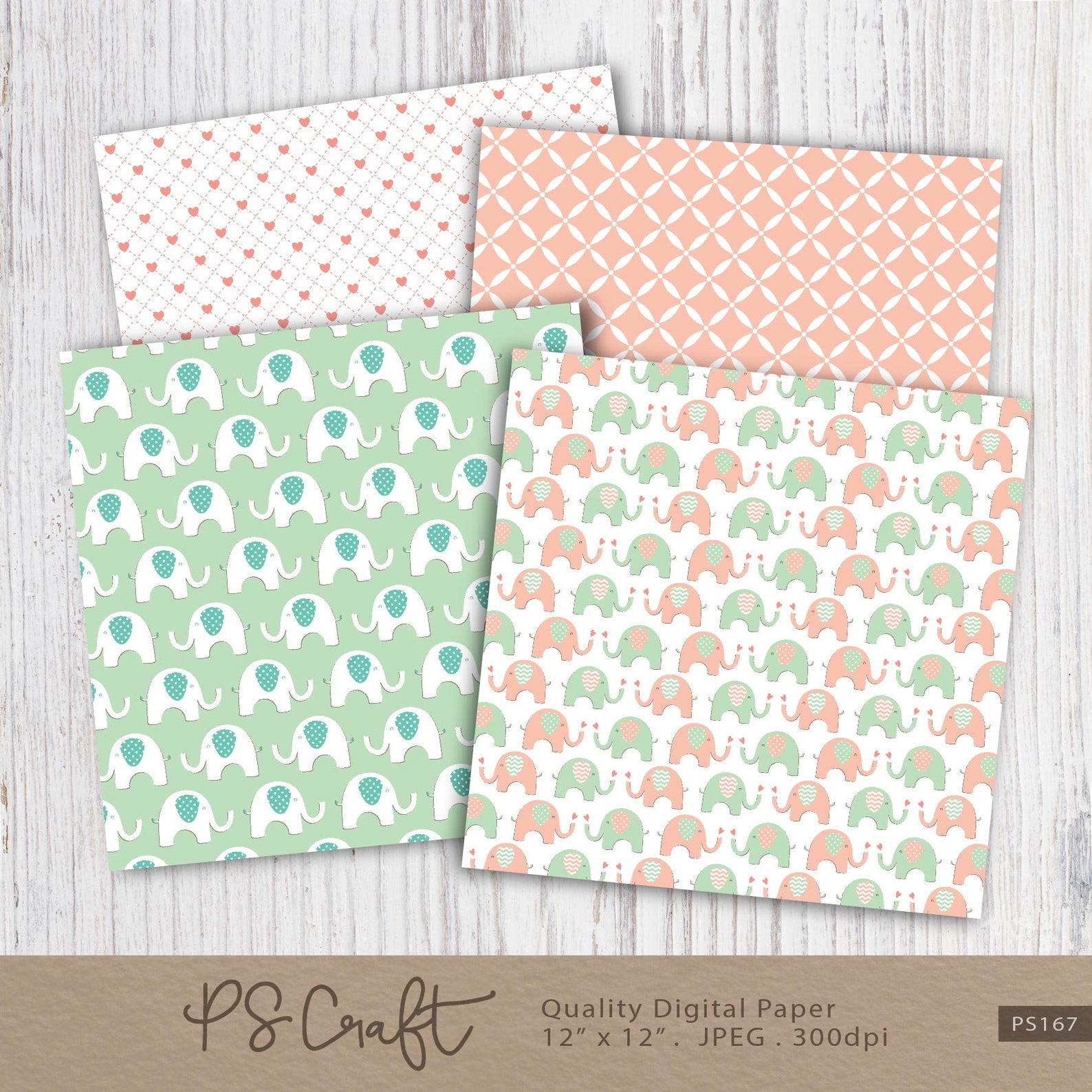 Elephant Digital Papers SEAMLESS baby Coral & - Etsy