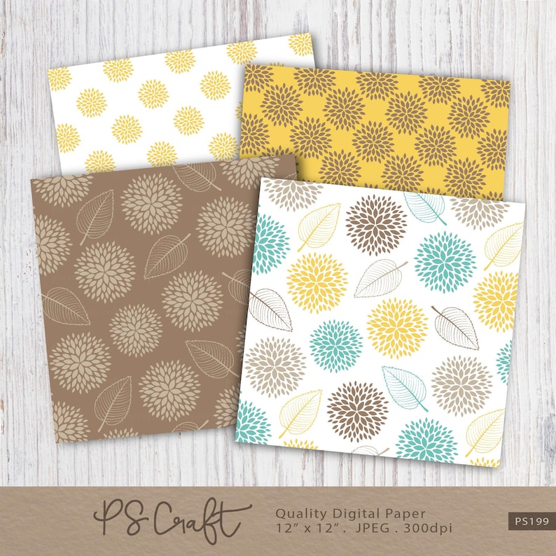 Dahlia Digital Paper, Seamless Dahlia Papers, Yellow, Teal and Brown ...
