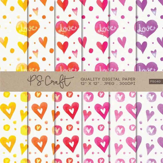 Watercolor Hearts Digital Papers Valentine Digital Papers | Etsy