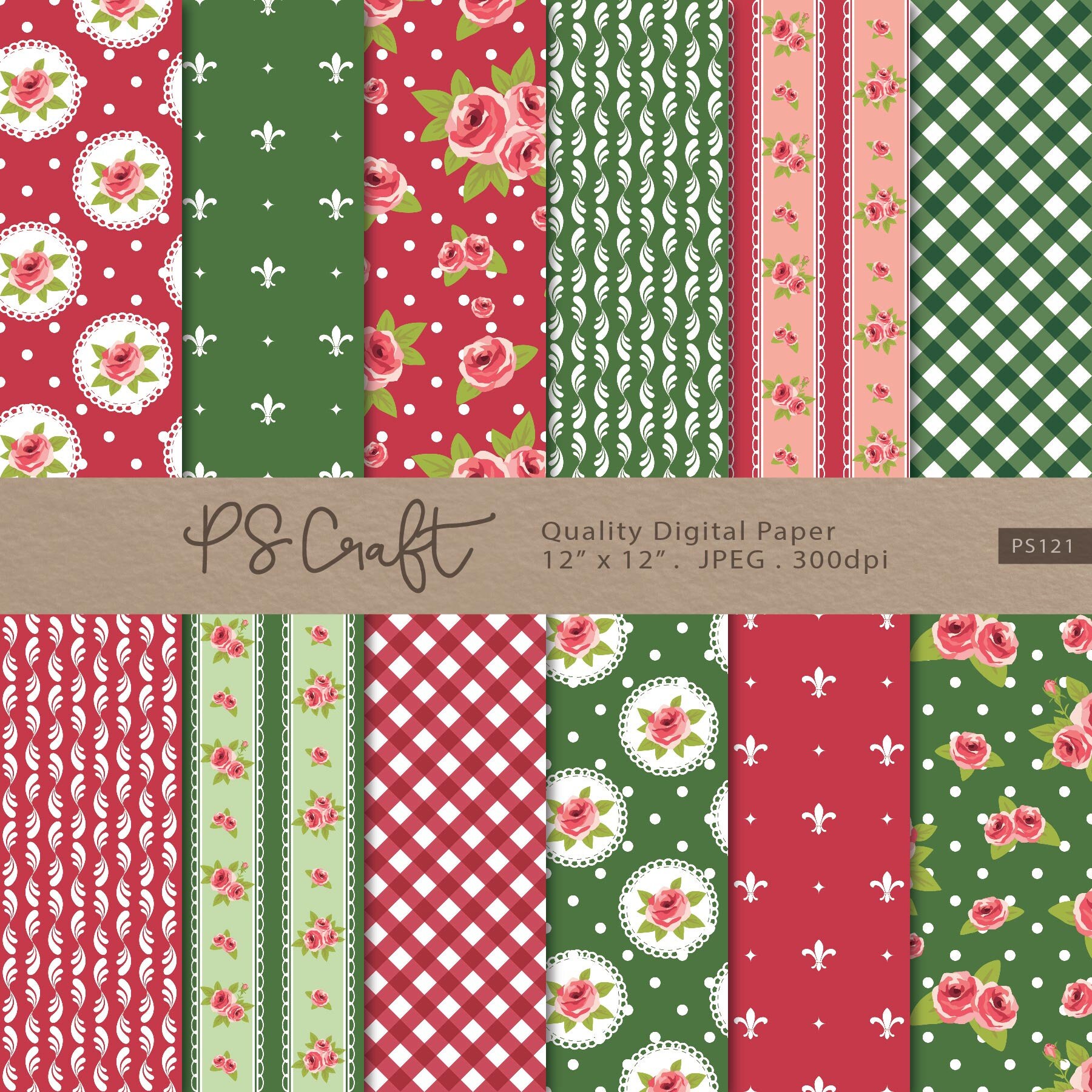 Shabby Chic Digital Paper SEAMLESS Red and Green Shabby Chic - Etsy