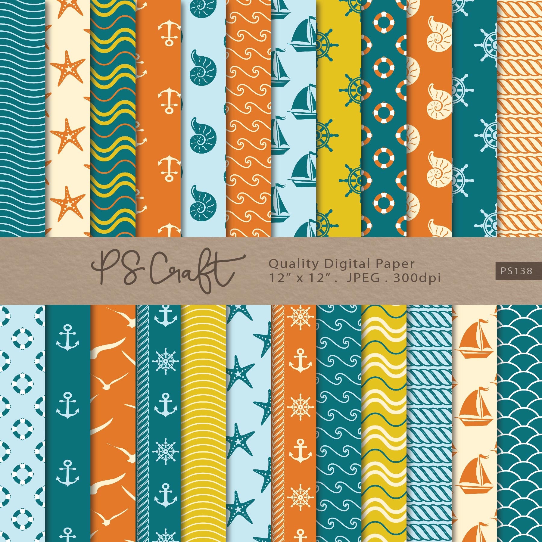 Nautical Digital Papers, Seamless Ocean Digital Paper, Teal and Orange ...