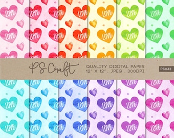 Hearts Watercolor Digital Papers Valentine's Love Water | Etsy