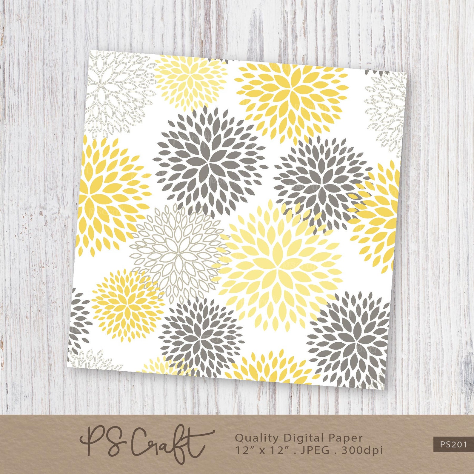 Dahlia Digital Paper, Seamless Dahlia Papers, Yellow and Grey Digital ...