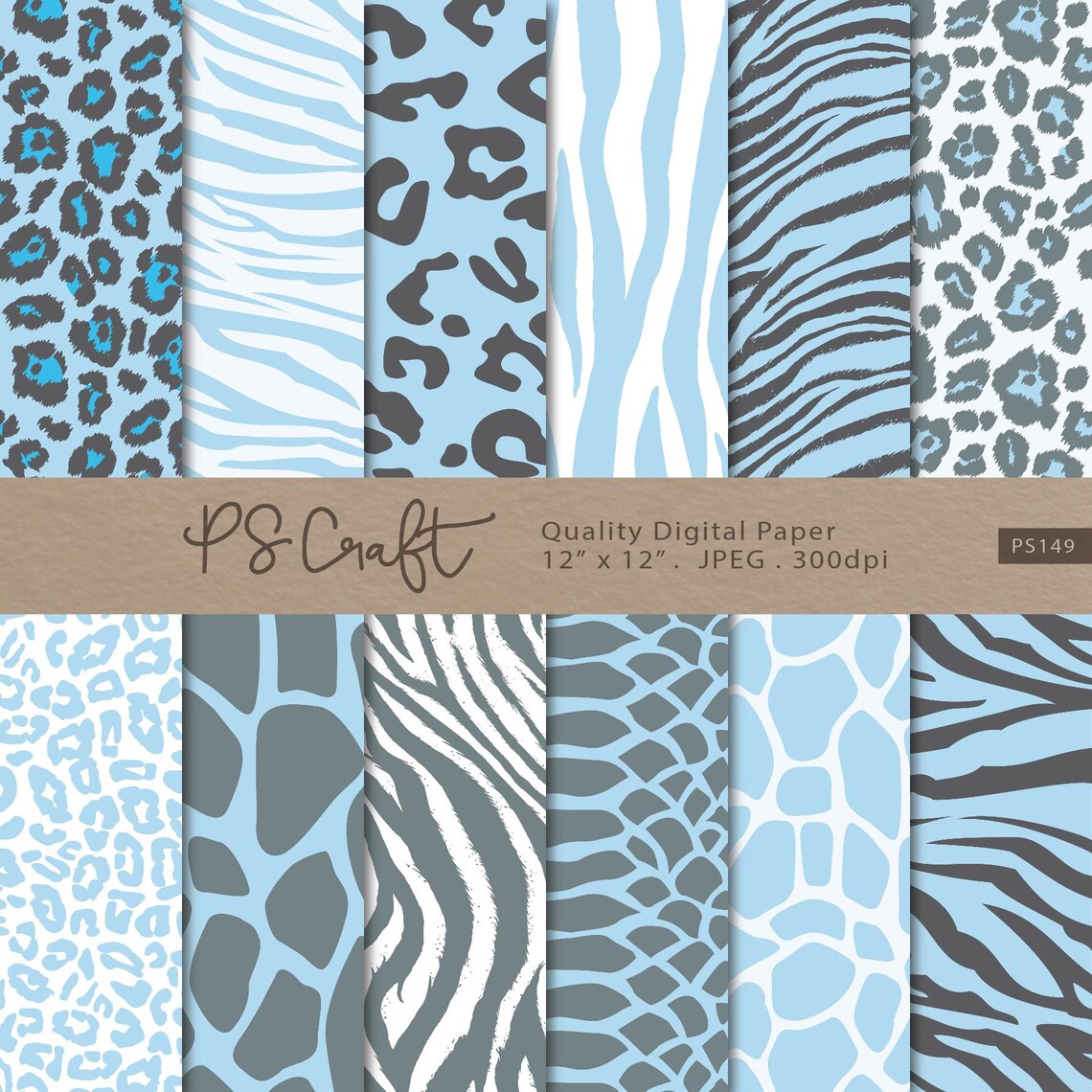 Blue Animal Print Digital Paper, Seamless Safari Patterns (digital ...