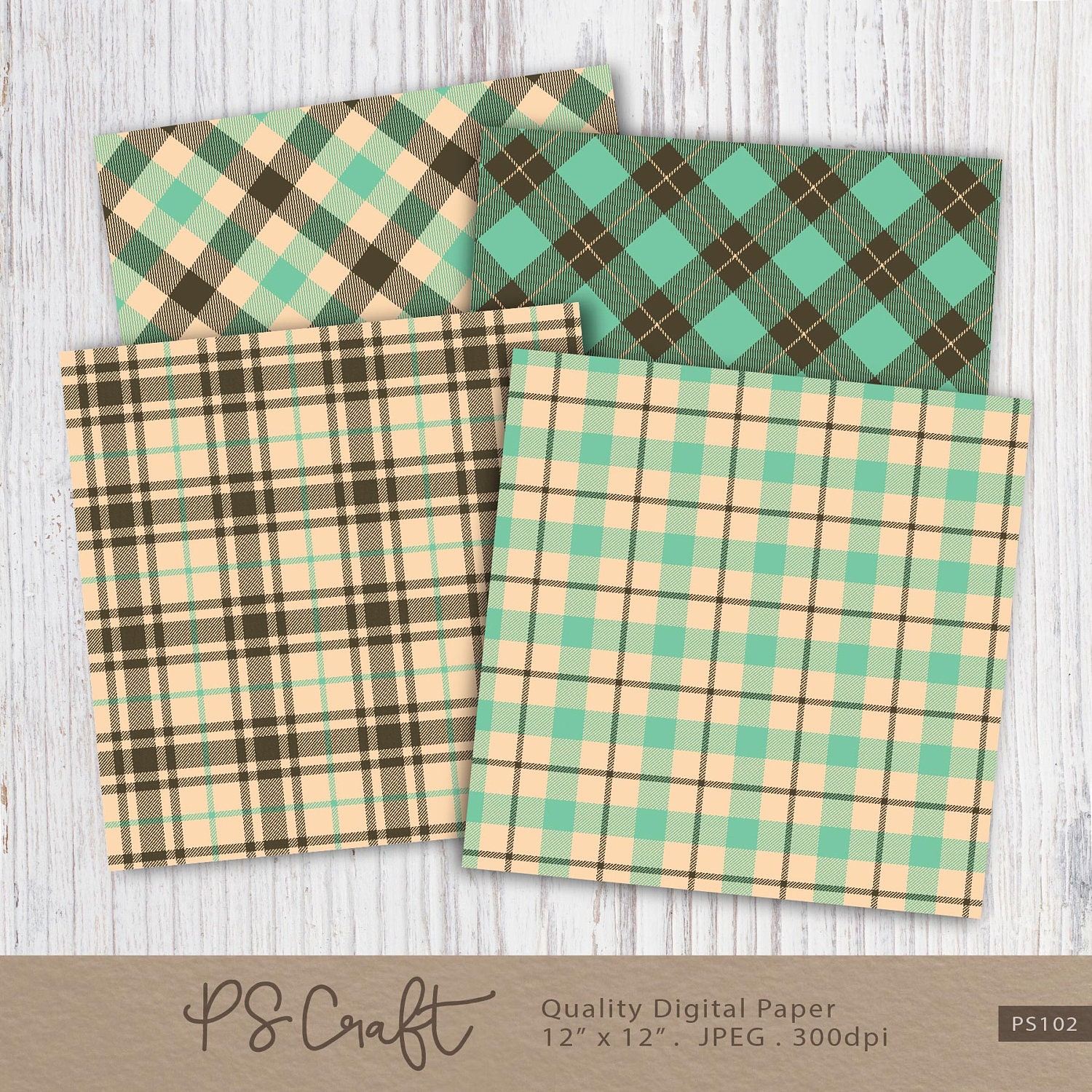 Retro Green Plaid Digital Papers, SEAMLESS Plaid Background, Retro ...