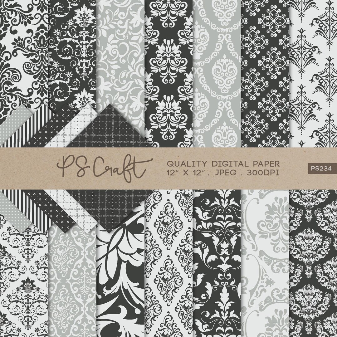 Black & Grey Damask Digital Papers, SEAMLESS Vintage Damask Papers ...