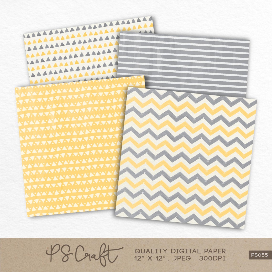 Yellow and Grey Digital Papers Stripes Background Zigzag - Etsy