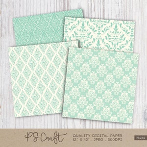 Green Damask Digital Papers, SEAMLESS Green Damask Papers, Damask ...