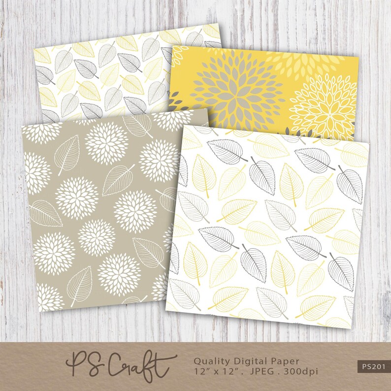 Dahlia Digital Paper, Seamless Dahlia Papers, Yellow and Grey Digital ...