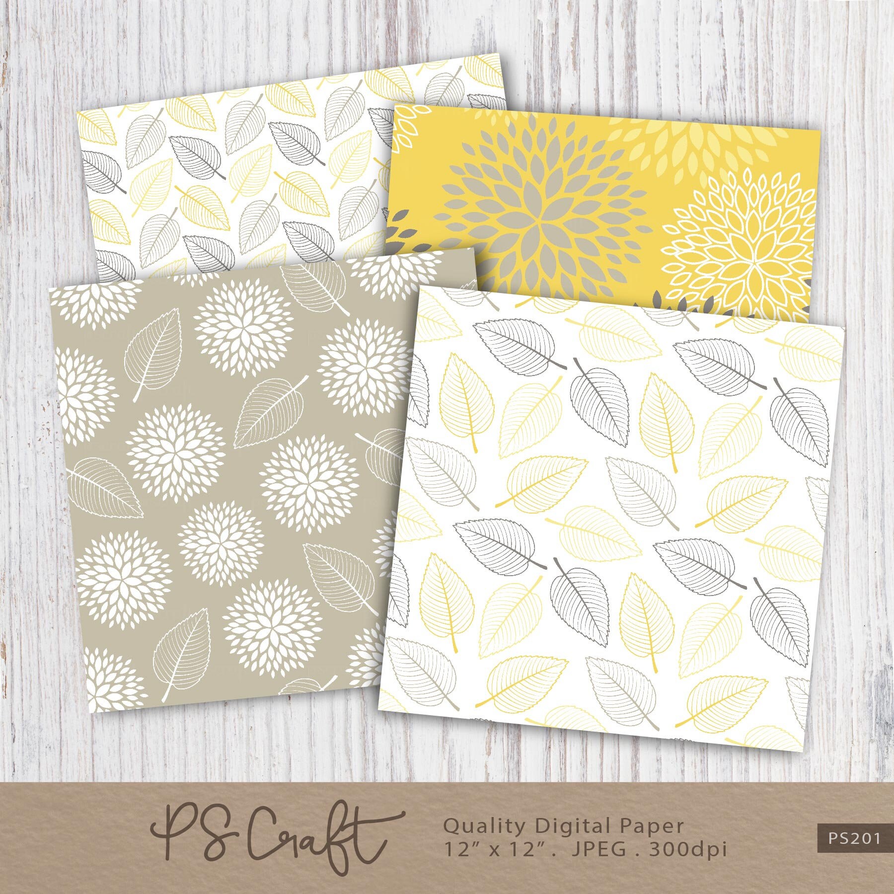 Dahlia Digital Paper, Seamless Dahlia Papers, Yellow and Grey Digital ...