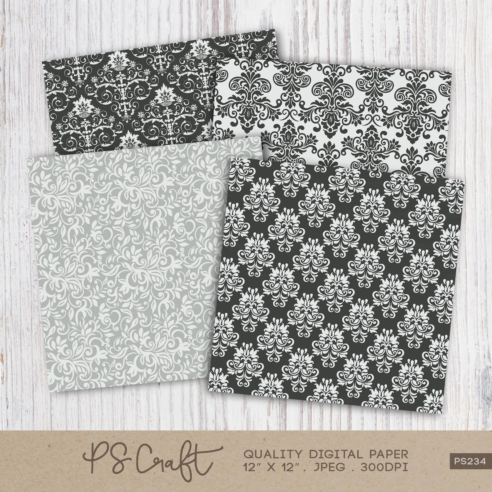Black & Grey Damask Digital Papers, Seamless Vintage Pattern (instant ...