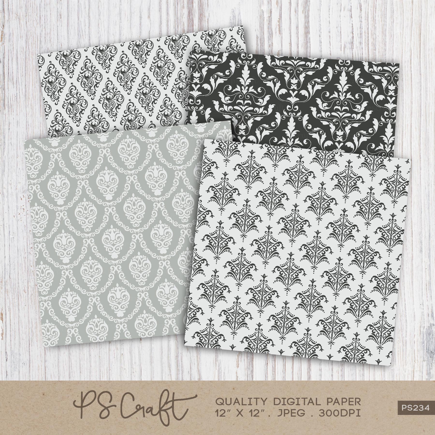 Black & Grey Damask Digital Papers SEAMLESS Vintage Damask - Etsy