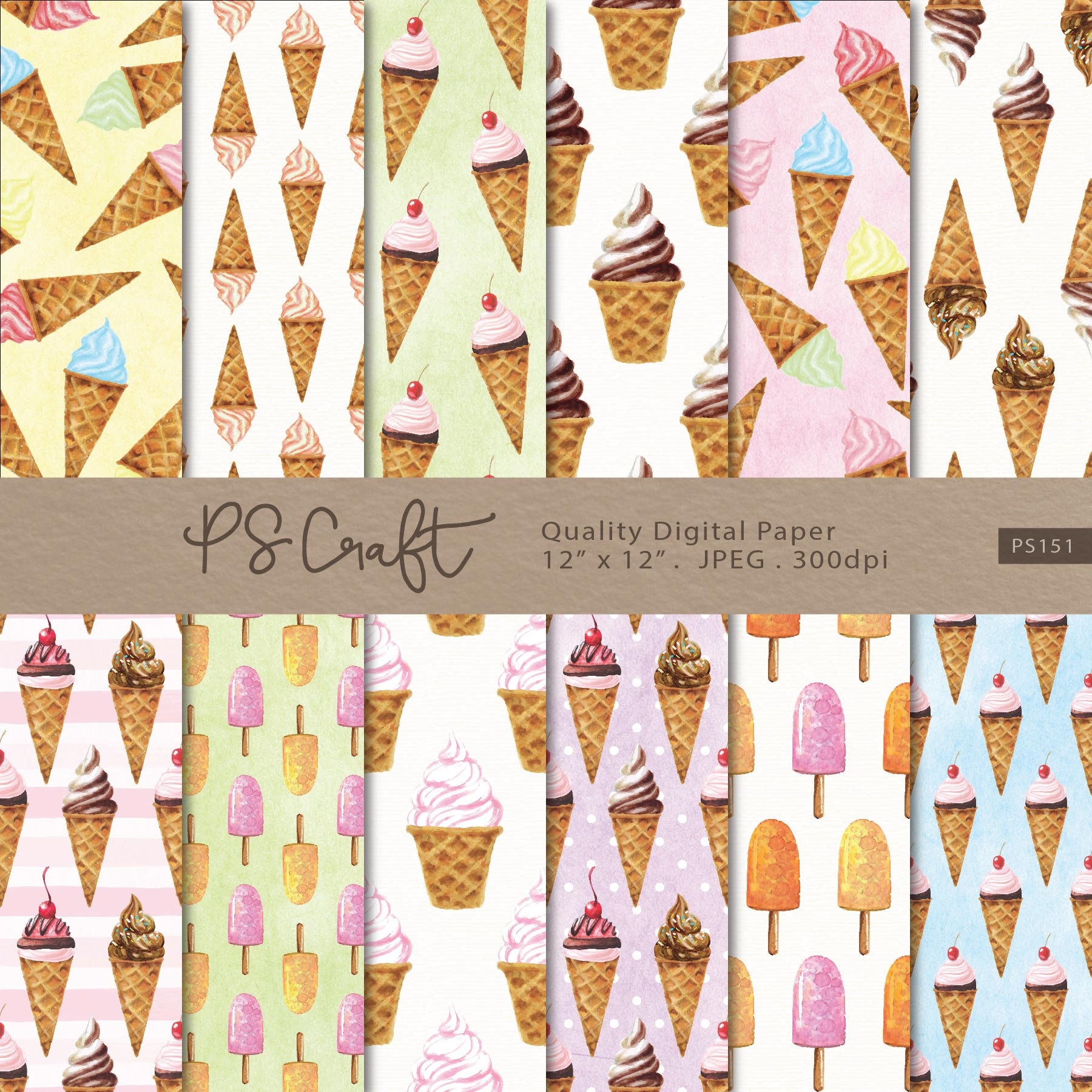 Watercolor Ice Cream Digital Paper SEAMLESS Summer Ice Cream - Etsy