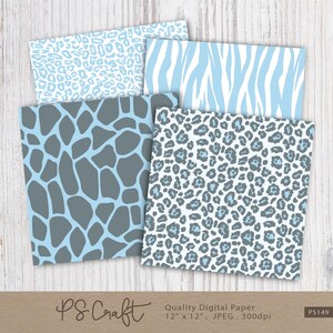 Blue Animal Print Digital Paper, Seamless Blue Safari Background, Zebra, Leopard, Tiger, Giraffe ...