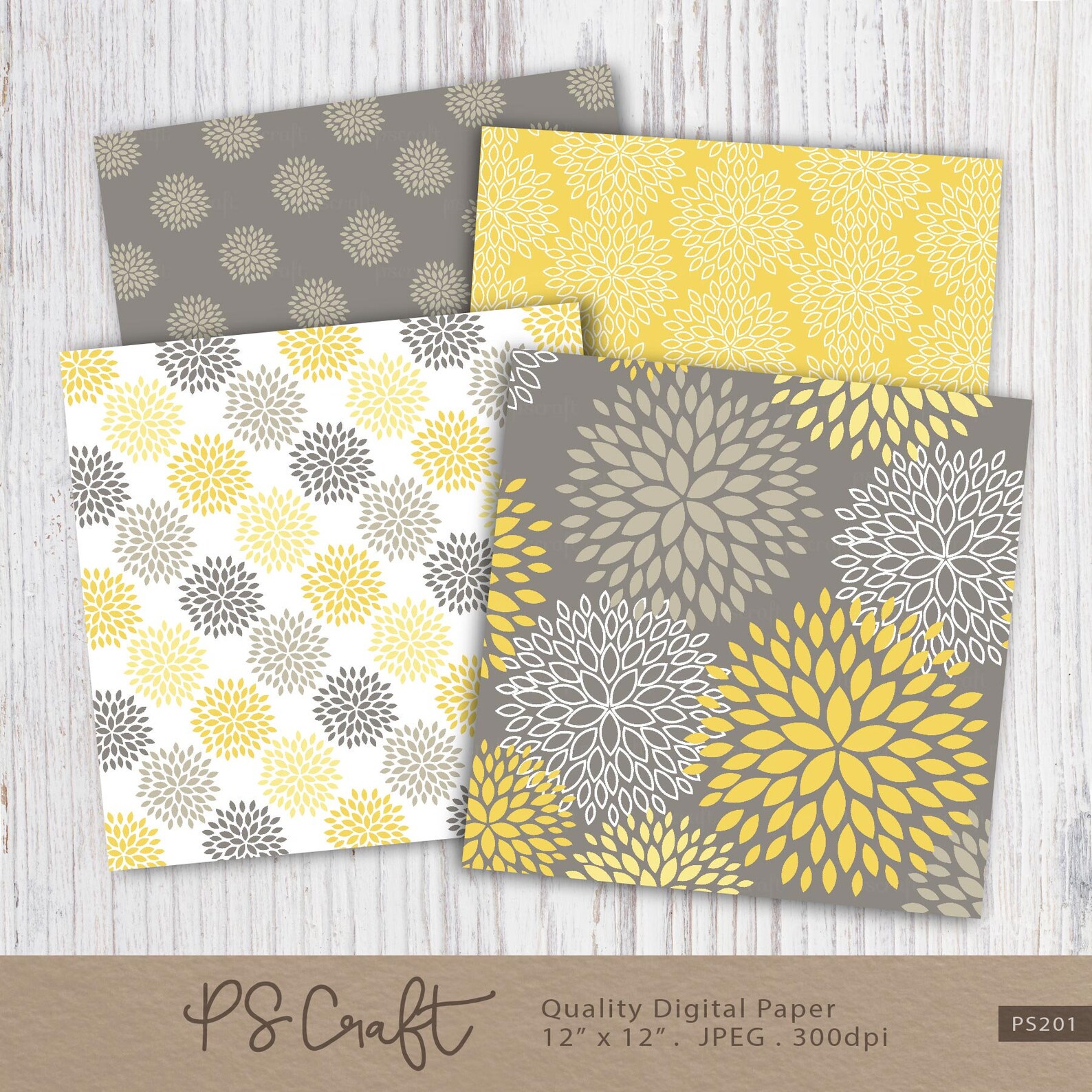 Dahlia Digital Paper, Seamless Dahlia Papers, Yellow and Grey Digital ...