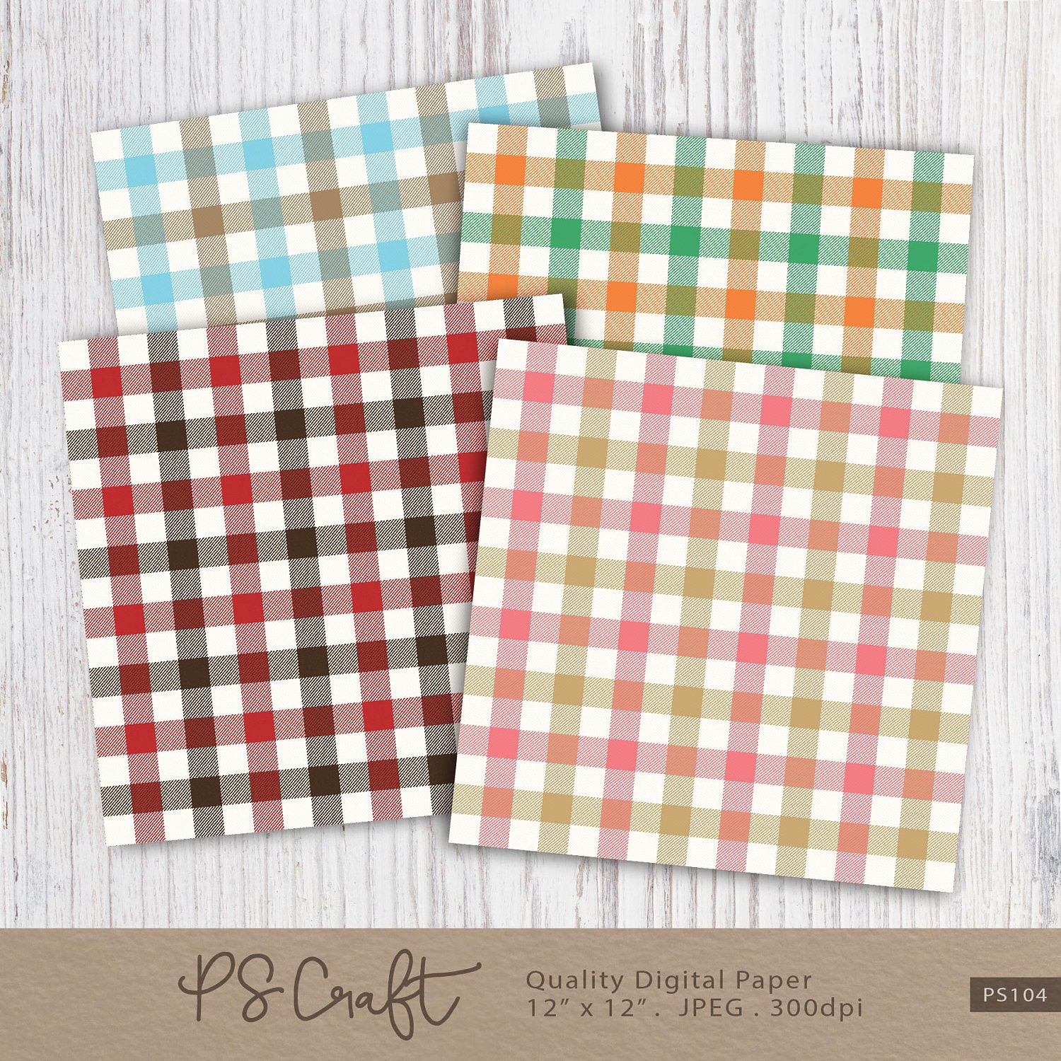 Gingham Plaid Digital Paper Pack, Seamless Scrapbook Backgrounds ...