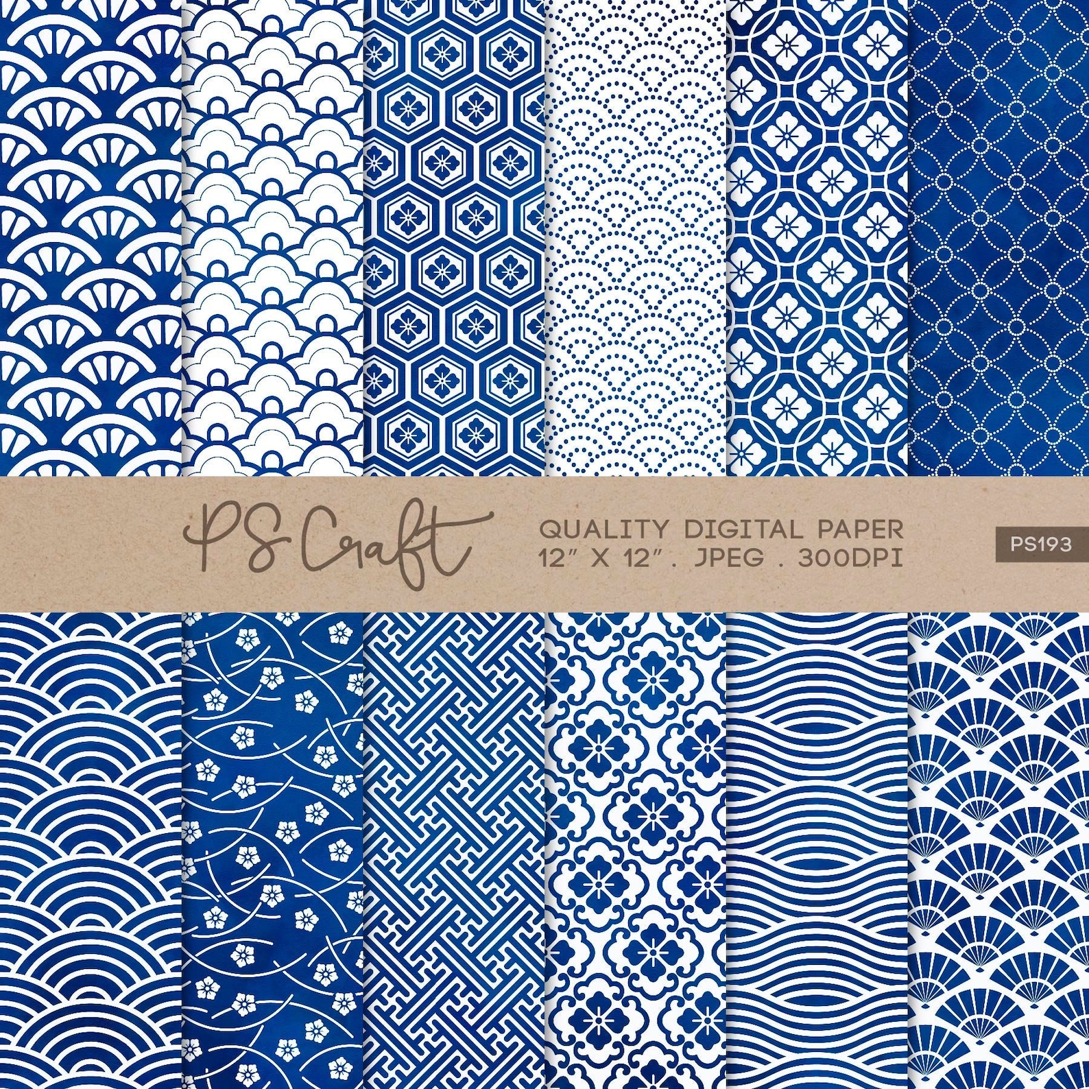 Seamless Indigo Blue Japanese Pattern Digital Paper, Watercolor Navy ...