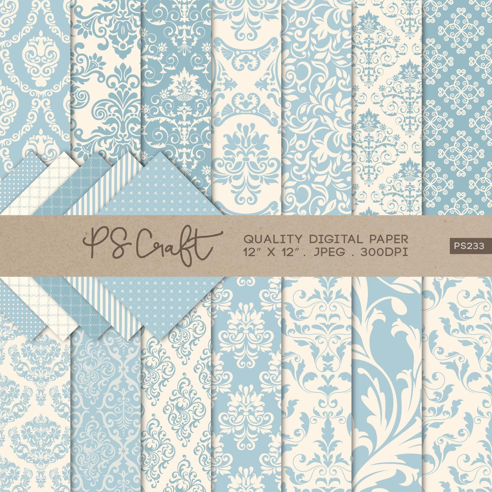 Blue Damask Digital Papers SEAMLESS Vintage Blue Damask - Etsy