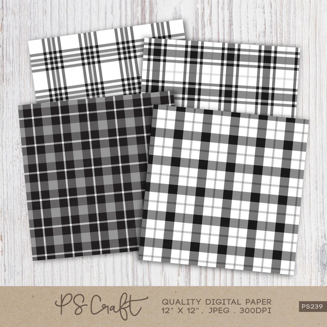 Black and White Plaid Digital Paper, Tartan Scrapbook Patterns (digital ...