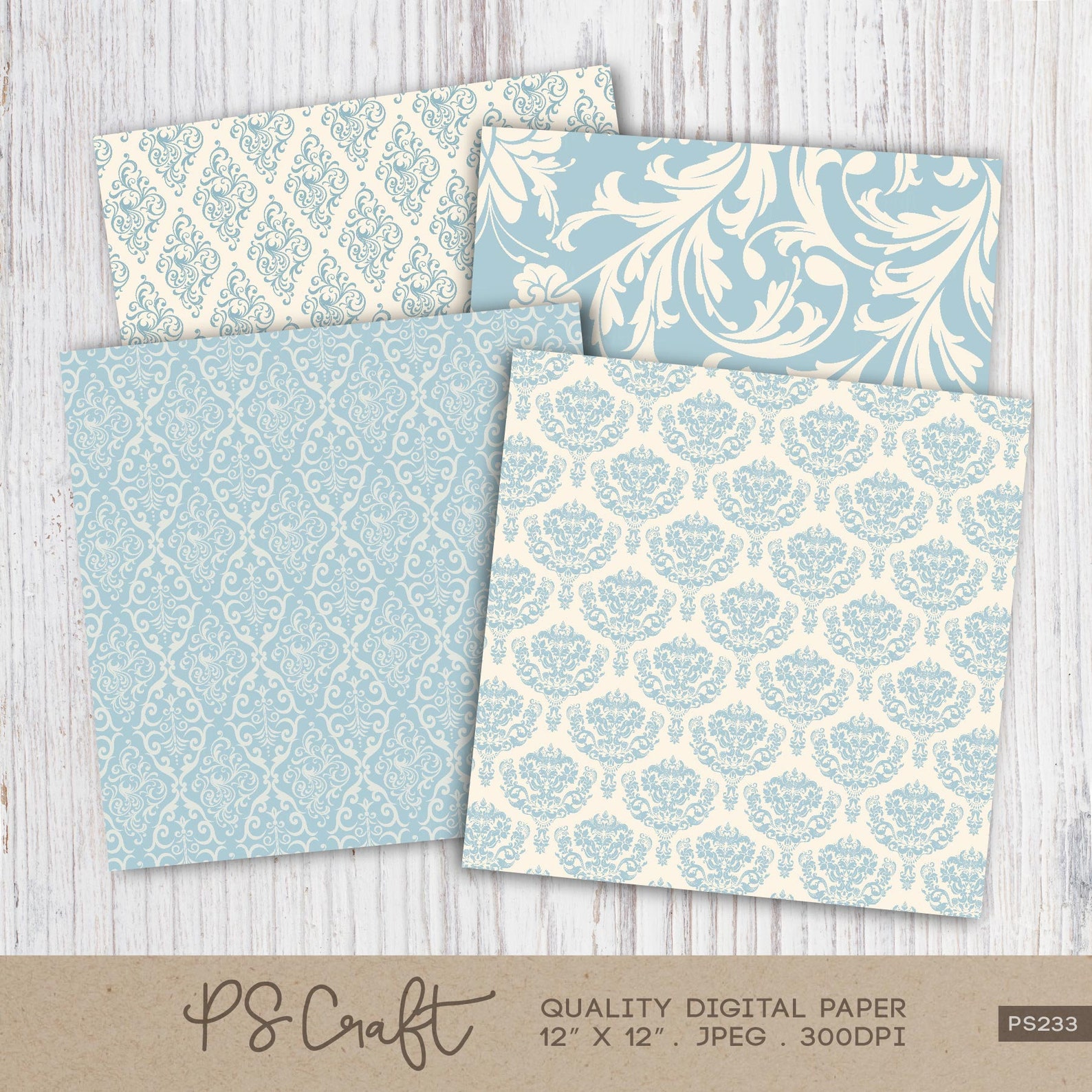 Blue Damask Digital Papers SEAMLESS Vintage Blue Damask - Etsy