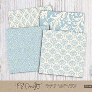 Blue Damask Digital Papers, SEAMLESS Vintage Blue Damask Papers, Damask ...