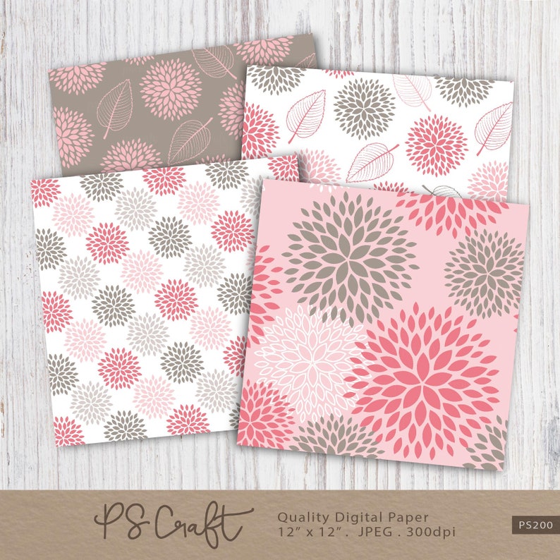 Dahlia Digital Paper, Seamless Dahlia Papers, Pink and Grey Digital ...
