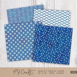 Seamless Indigo Blue Japanese Pattern Digital Paper, Watercolor Navy ...