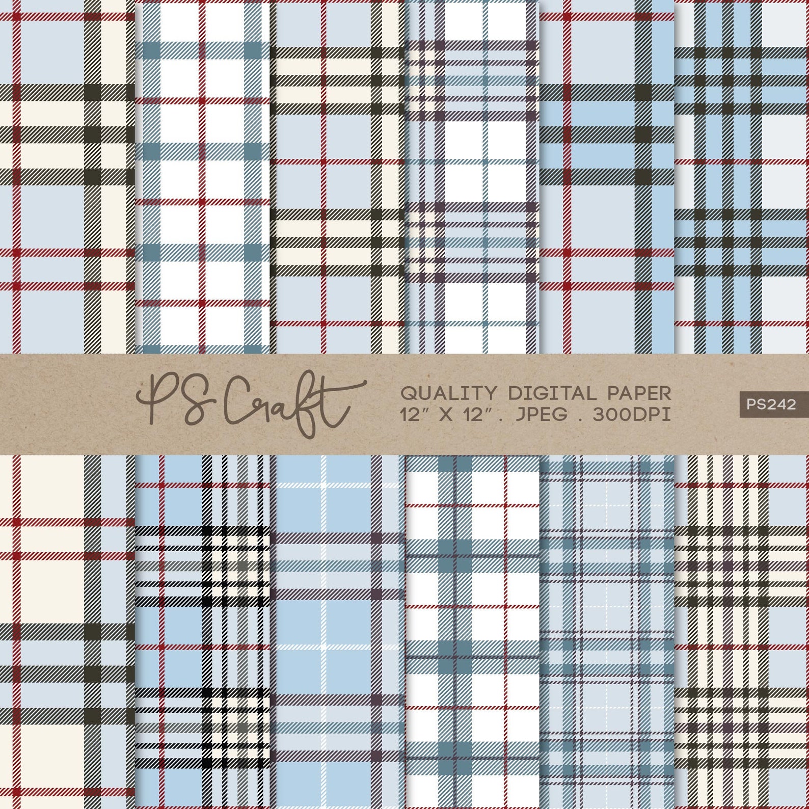 Blue Tartan Digital Paper, SEAMLESS Plaid Digital Paper, Classic Tartan ...