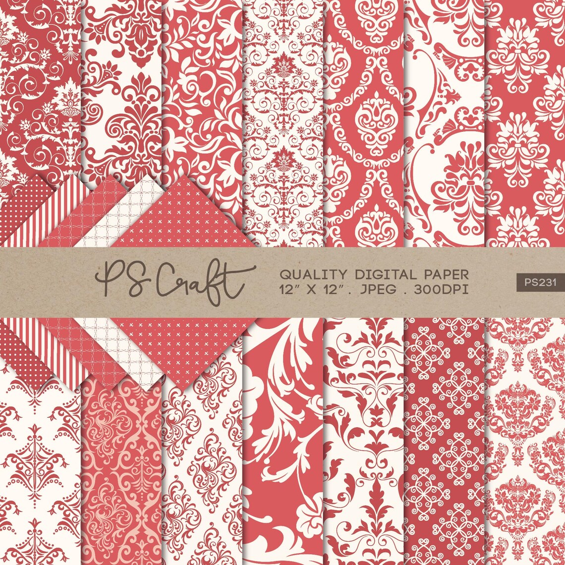 Red Damask Digital Papers SEAMLESS Red Damask Papers Damask | Etsy