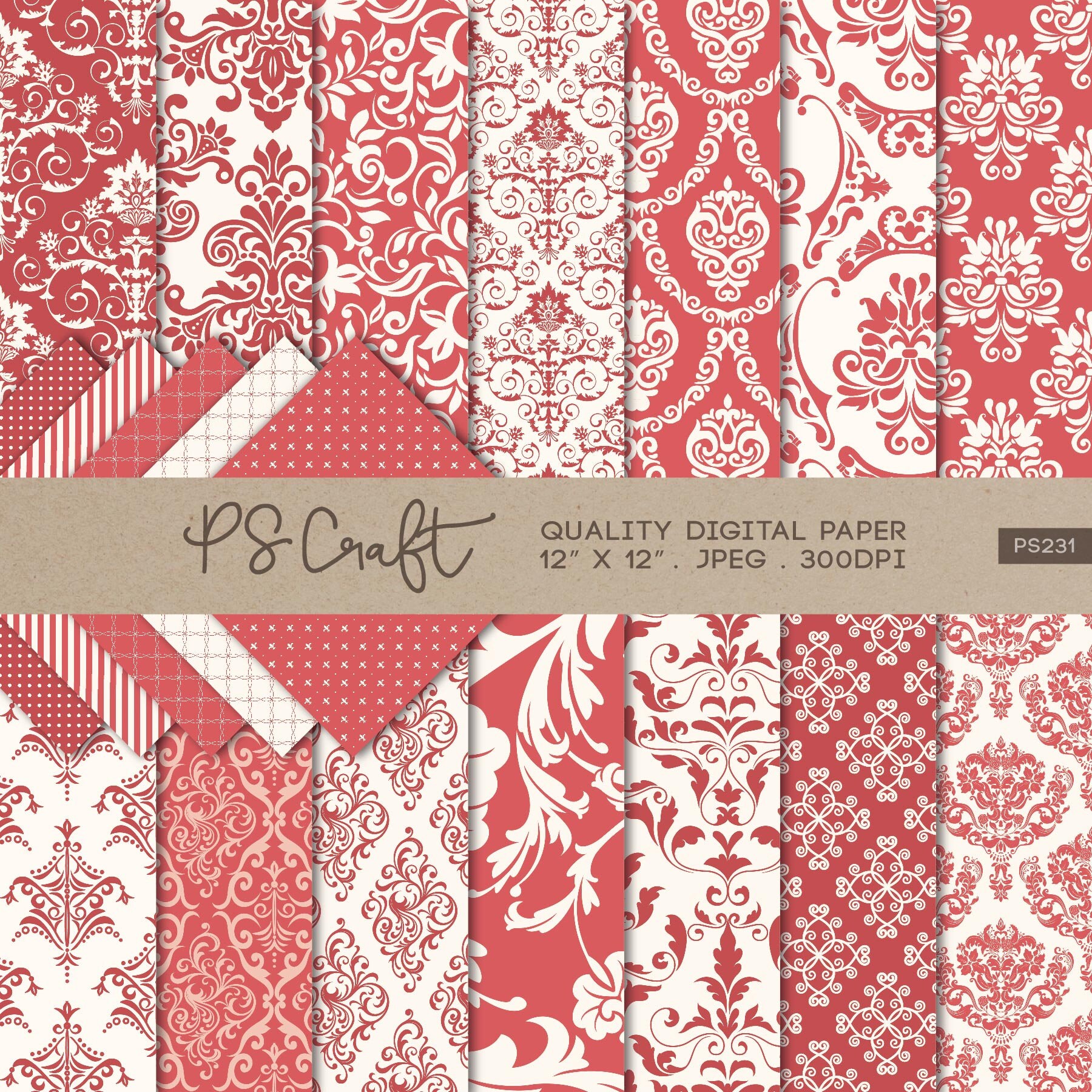 Red Damask Digital Papers, SEAMLESS Red Damask Papers, Damask Pattern ...