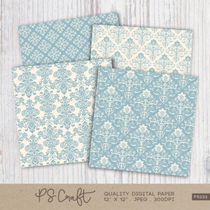 Blue Damask Digital Papers, SEAMLESS Vintage Blue Damask Papers, Damask ...