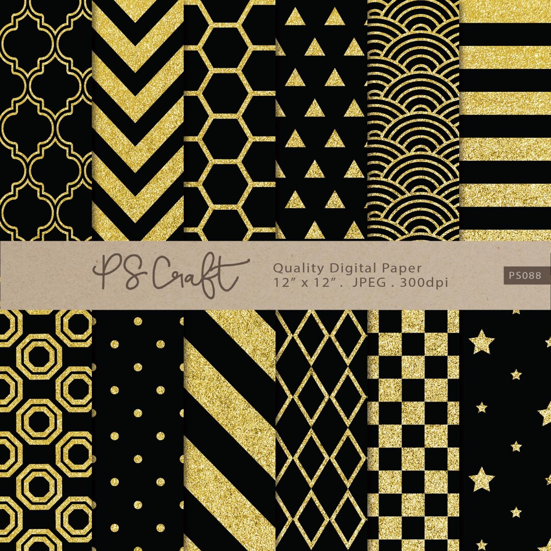 Black and Gold Glitter Digital Papers, Black and Gold Background ...
