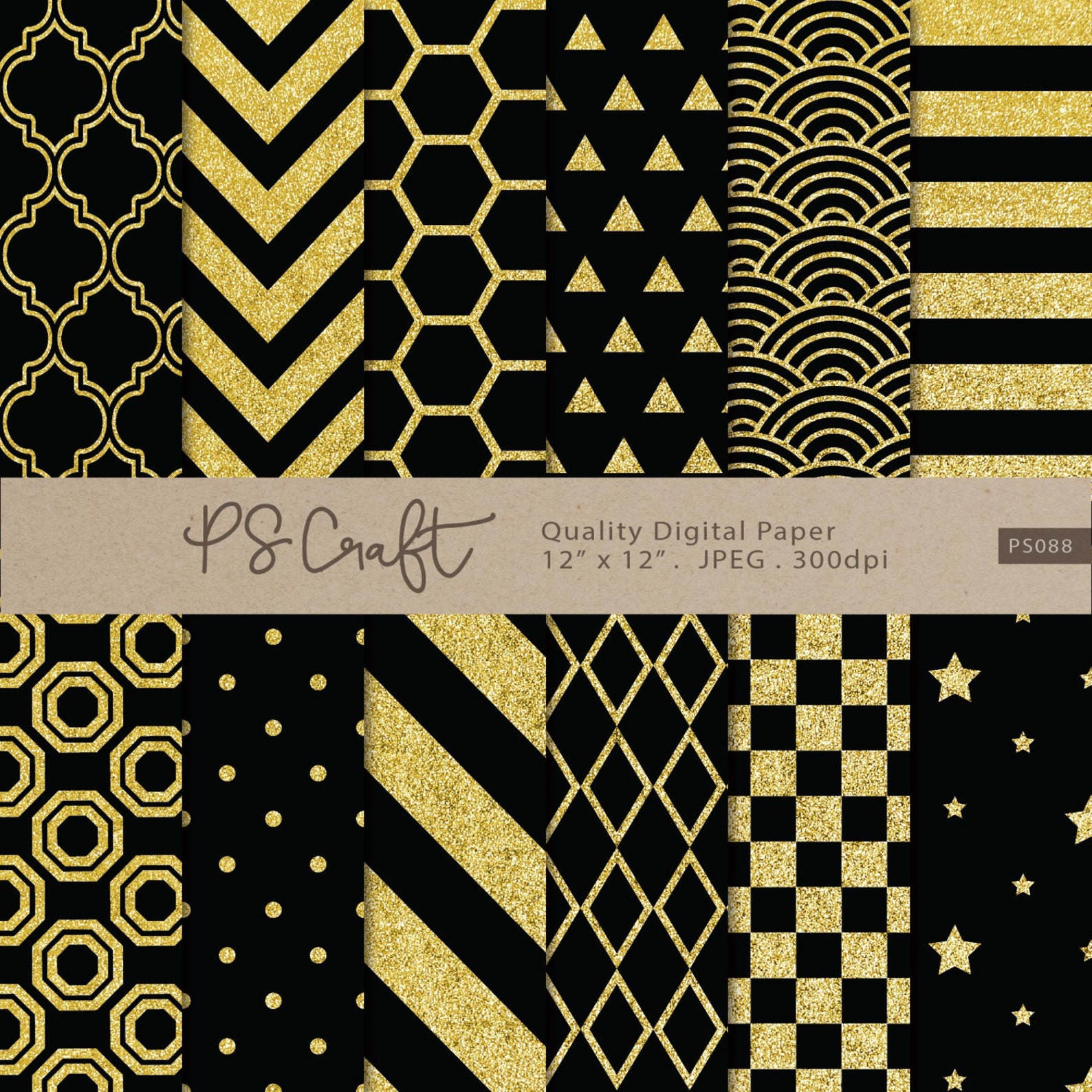Black and Gold Glitter Digital Papers, Black and Gold Background ...