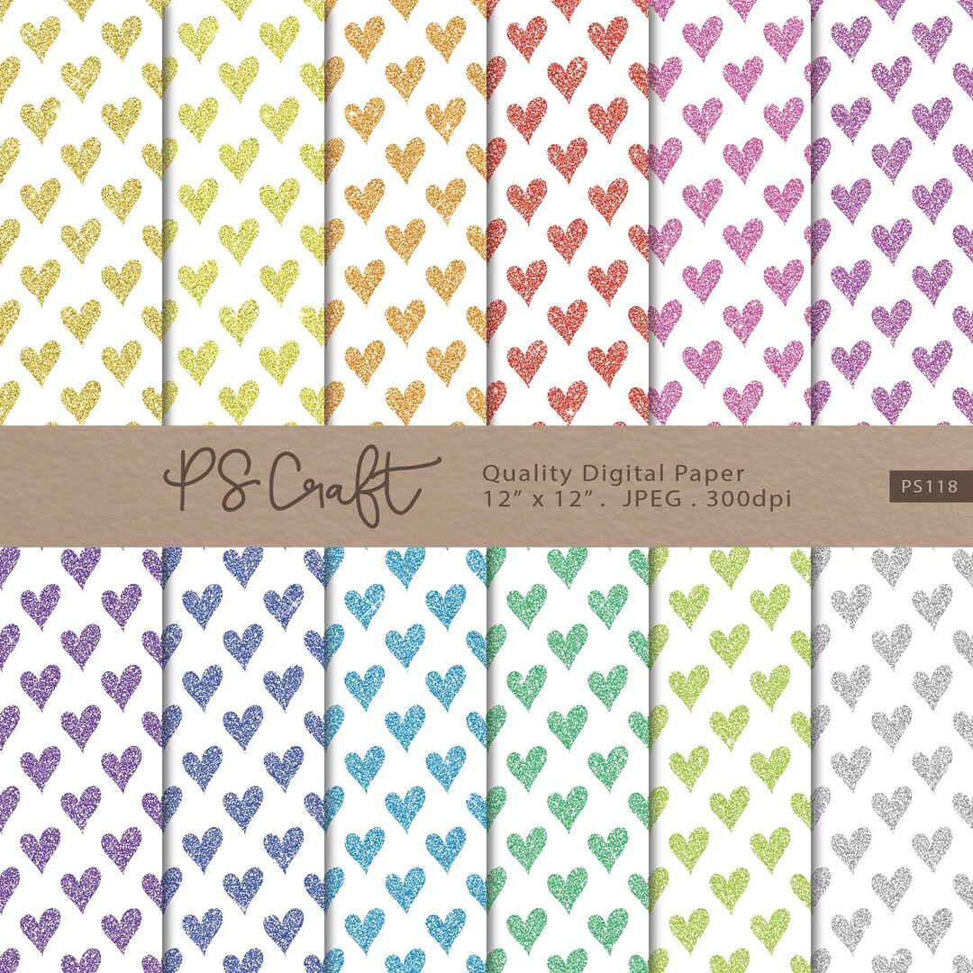 Glitter Heart Digital Paper Pack, SEAMLESS Glitter Hearts Paper ...