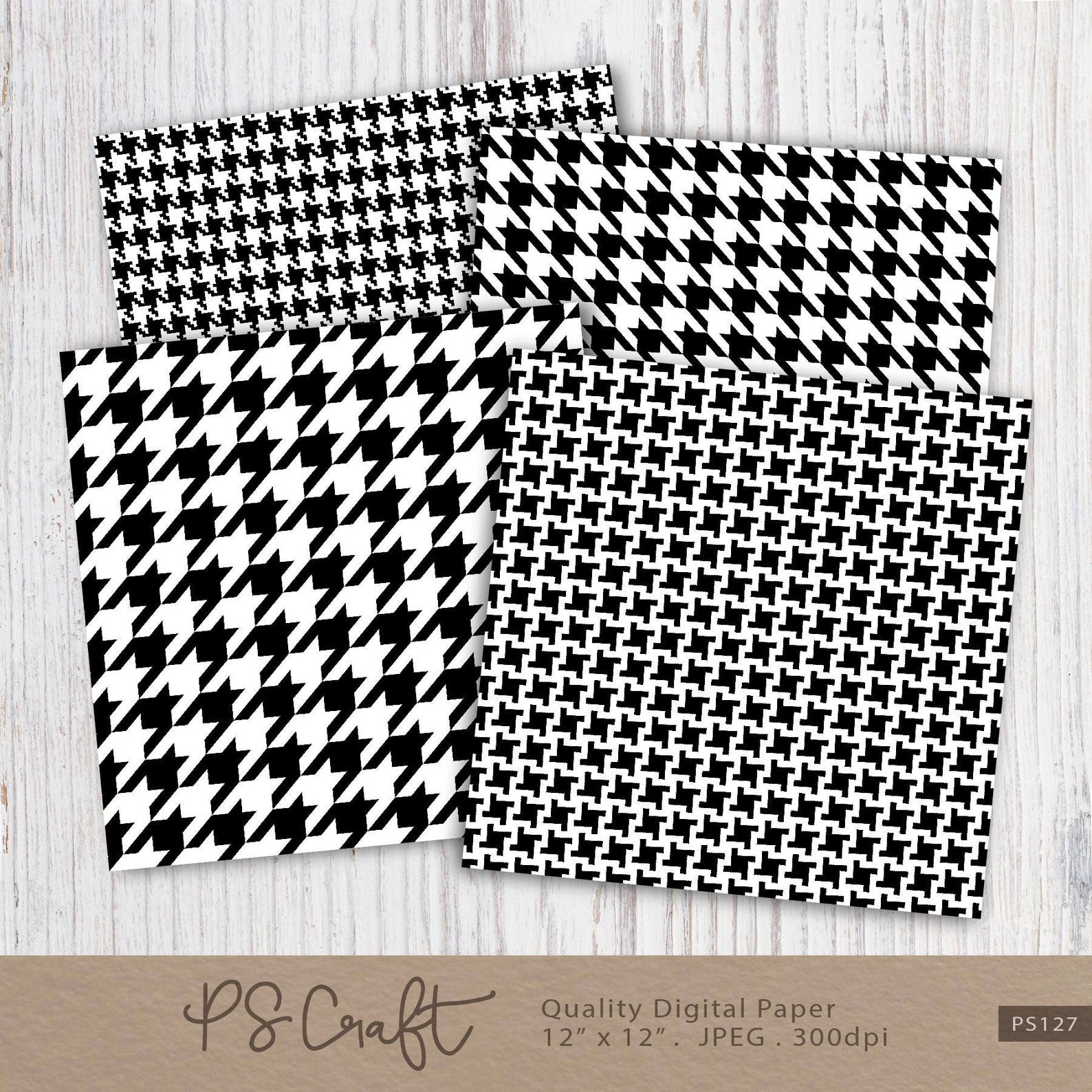 Houndstooth Digital Paper Pack, Black and White, Seamless (instant ...