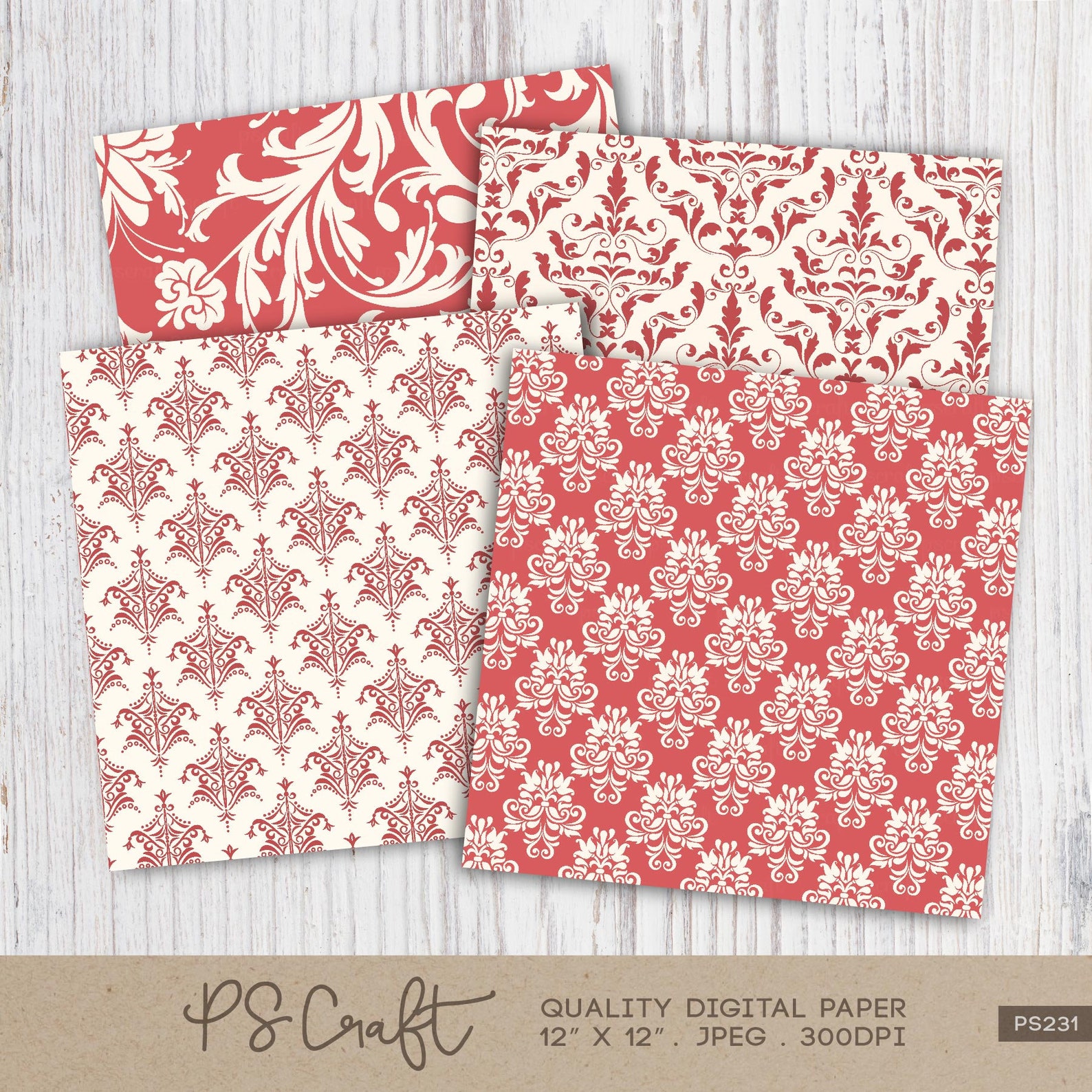 Red Damask Digital Papers, SEAMLESS Red Damask Papers, Damask Pattern ...