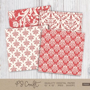 Red Damask Digital Papers, SEAMLESS Red Damask Papers, Damask Pattern ...