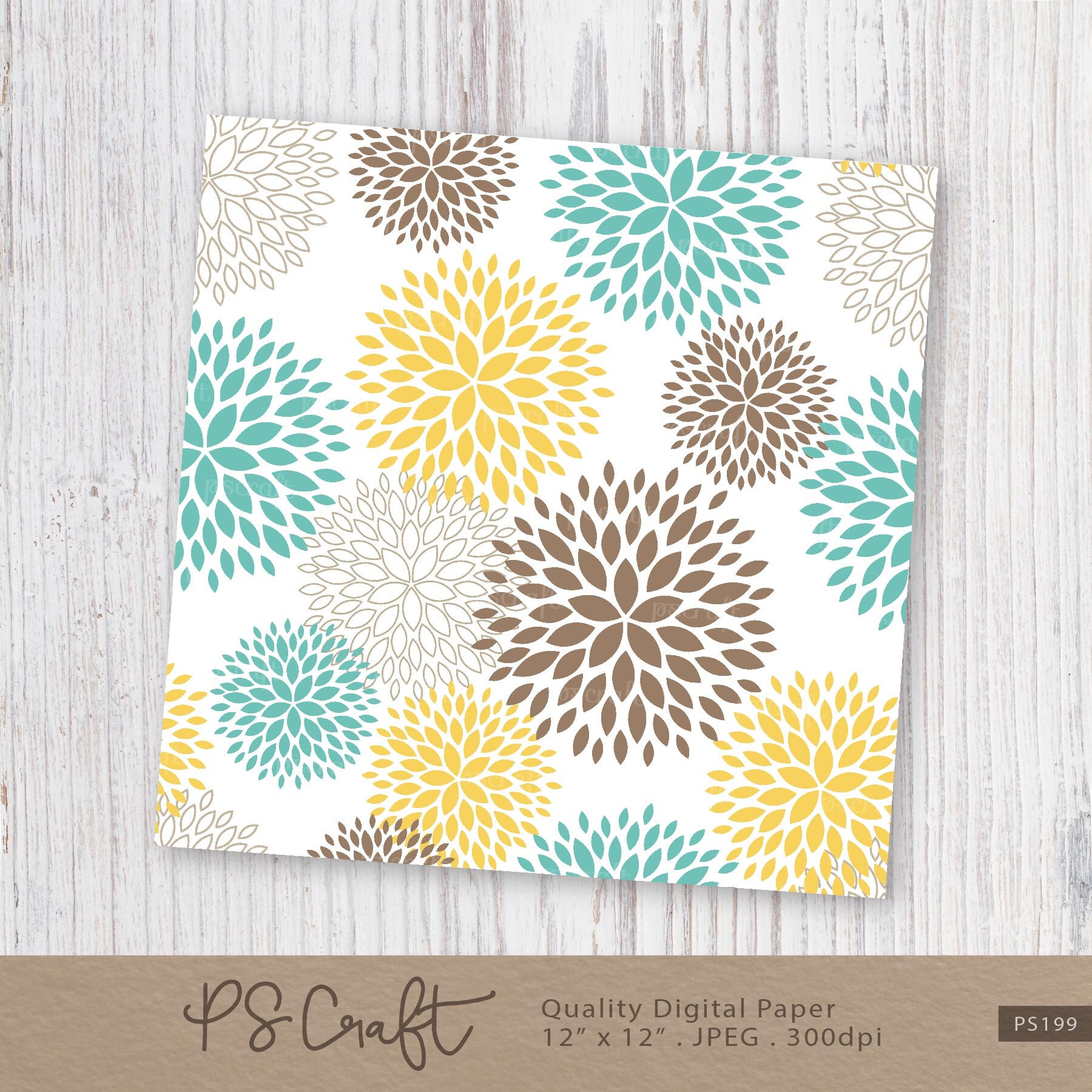 Dahlia Digital Paper, Seamless Dahlia Papers, Yellow, Teal and Brown ...