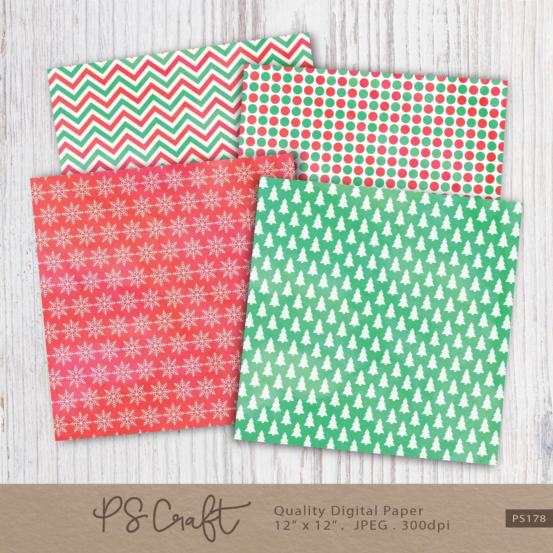 Christmas Watercolor Digital Papers, Watercolor Zigzag Background ...