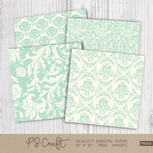 Green Damask Digital Papers, SEAMLESS Green Damask Papers, Damask ...