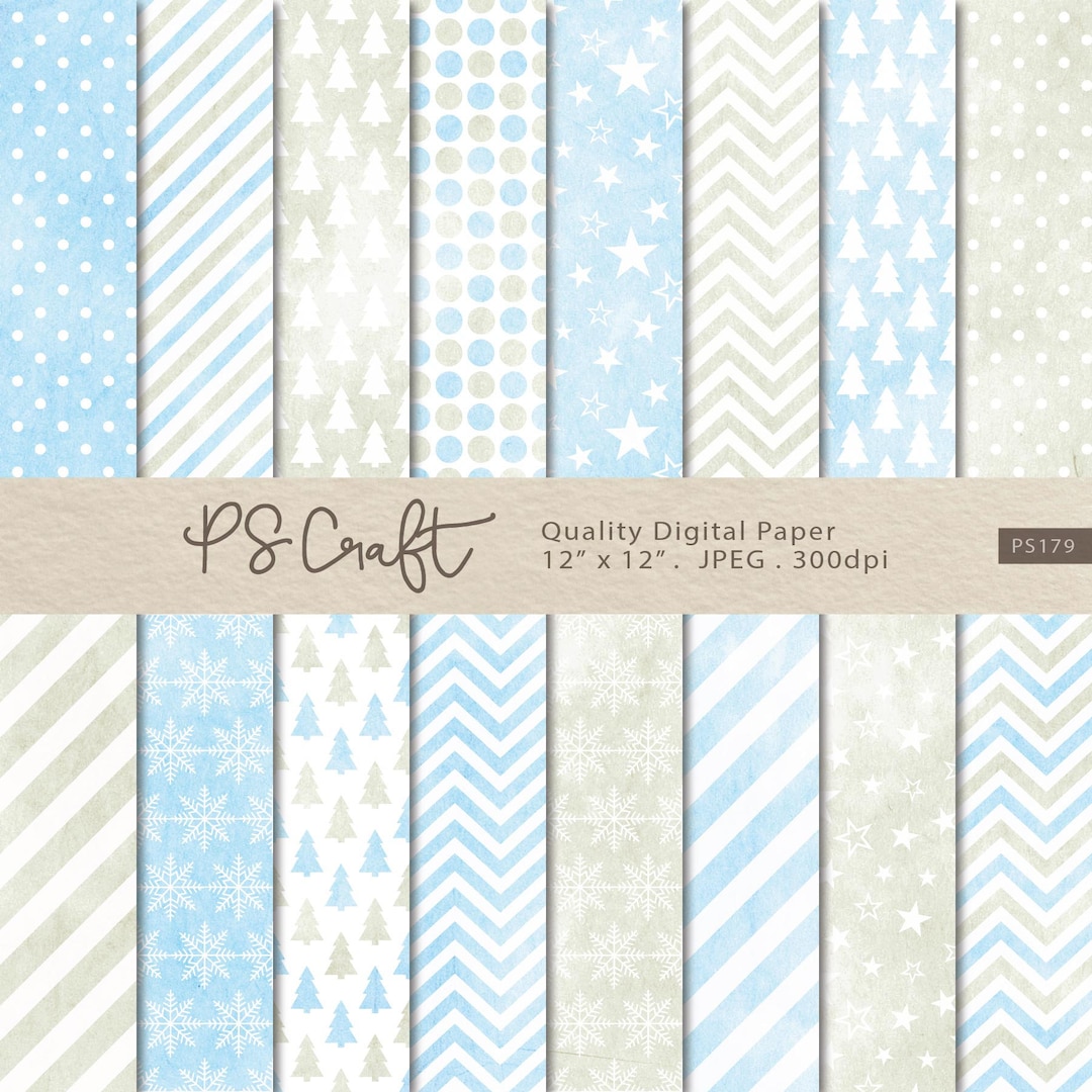 White Christmas Watercolor Digital Papers, White and Frozen Blue ...
