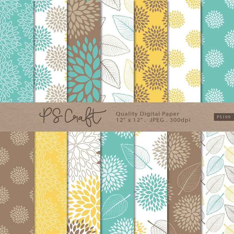 Dahlia Digital Paper, Seamless Dahlia Papers, Yellow, Teal and Brown ...