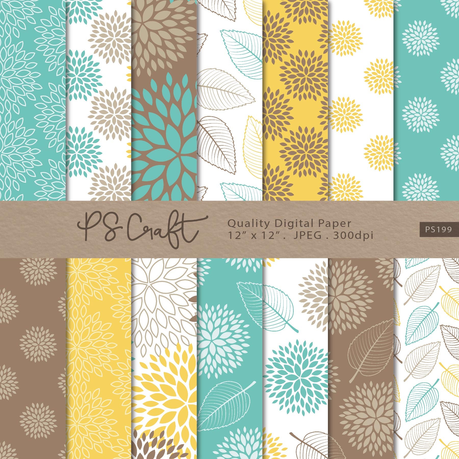 Dahlia Digital Paper, Seamless Dahlia Papers, Yellow, Teal and Brown ...