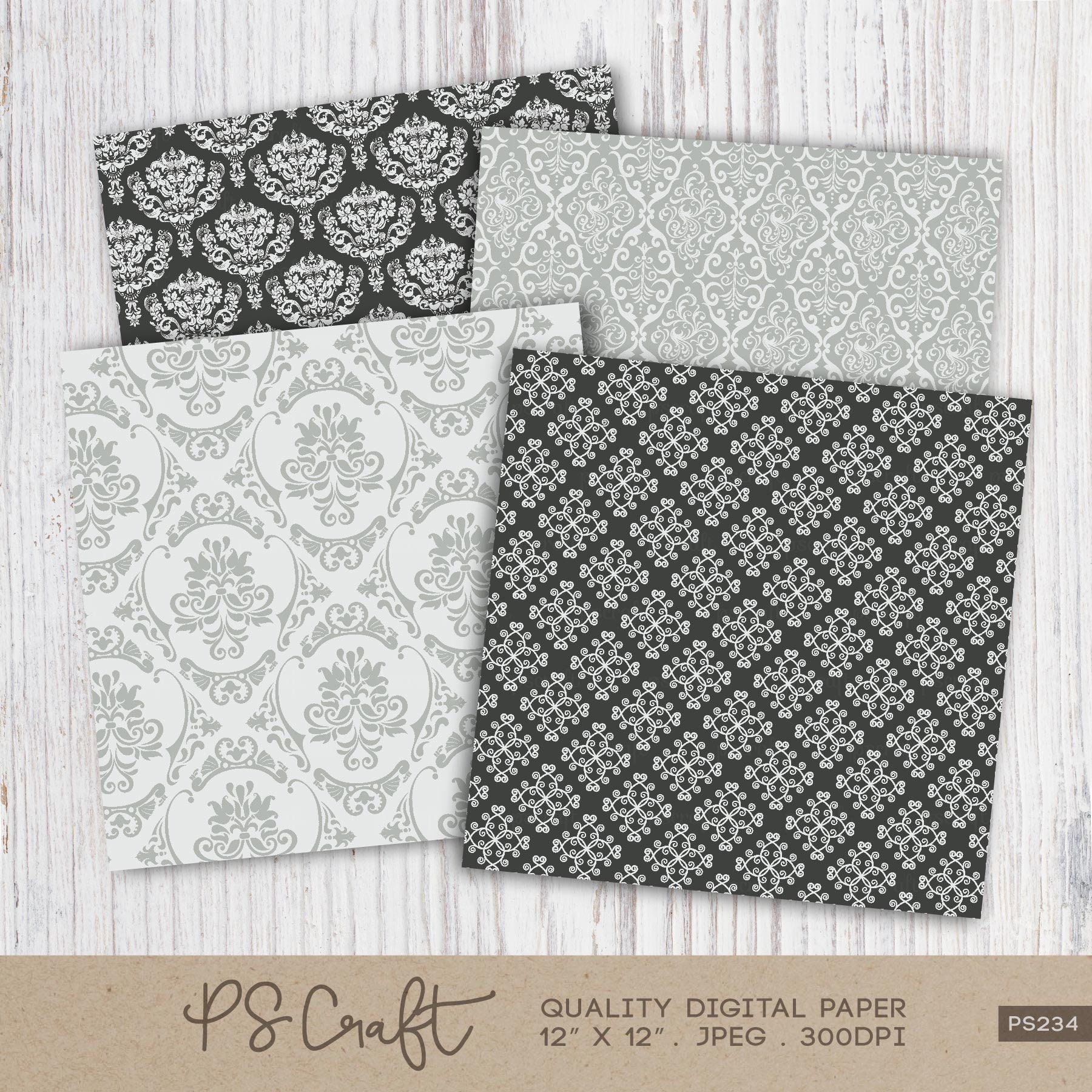 Black & Grey Damask Digital Papers SEAMLESS Vintage Damask - Etsy